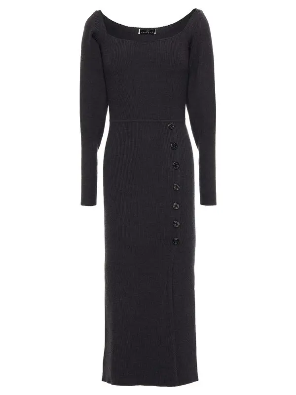 Sandro Ribbed Knit Midi Dress With Button Embellishments And Gathered Sleeves - Anthracite