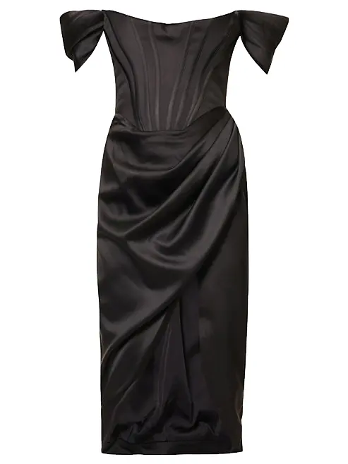 House Of Cb Loretta Off-shoulder Satin Midi Dress - Black