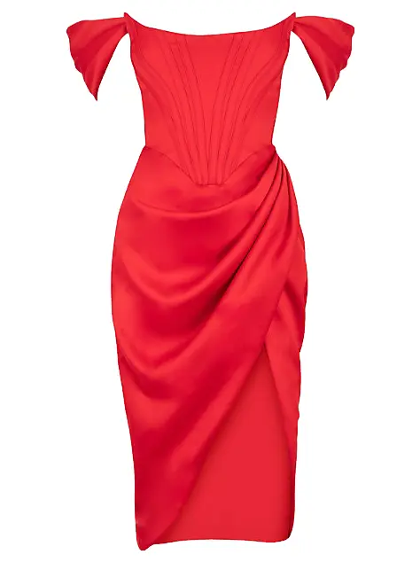House Of Cb Off-shoulder Corseted Satin Midi Dress - Red
