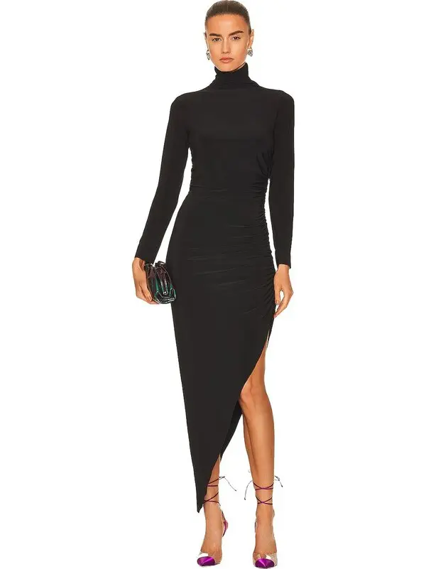 Norma Kamali Long Sleeve Turtleneck Side Drape Gown - Black
