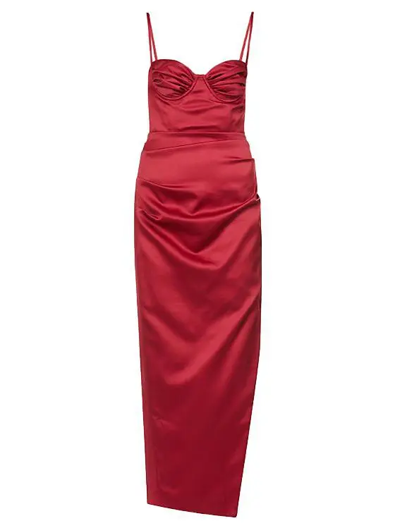 House Of Cb Flora Corseted Satin Crepe Maxi Dress - Wine