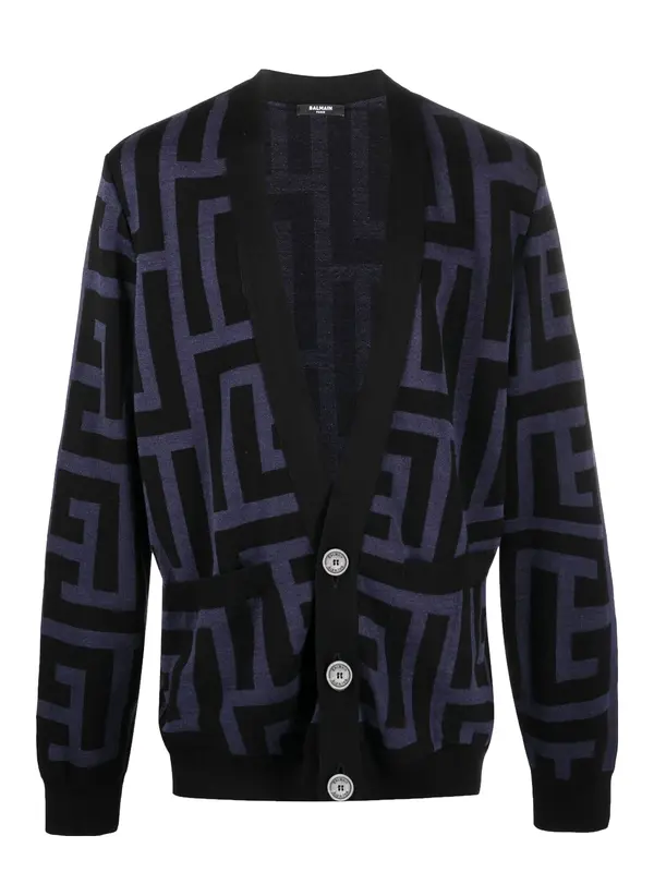 Balmain Monogram Print V-neck Cardigan - Blue