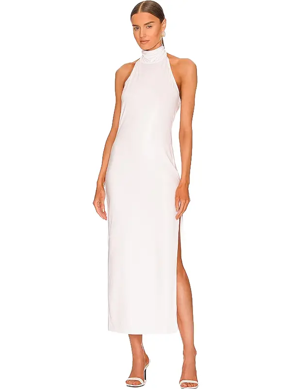 Norma Kamali Halter Turtle Side Slit Gown - White