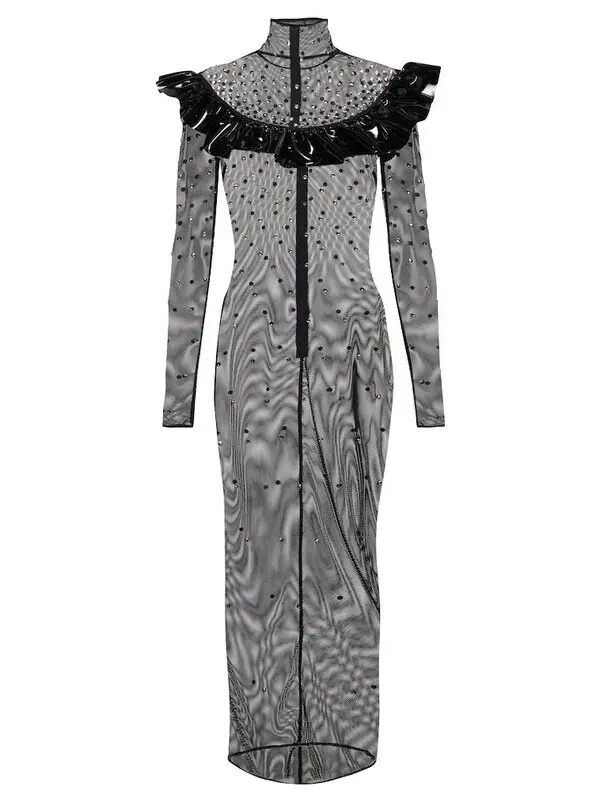 Alessandra Rich Embellished Mesh Midi Dress - Black