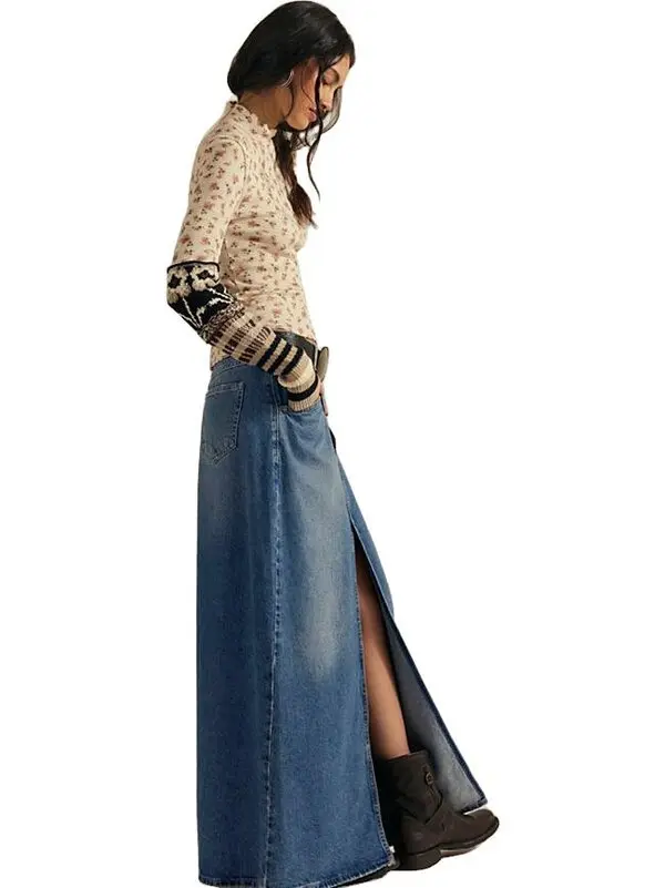 Free People We The Free Come As You Are Denim Maxi Skirt - Sapphire Blue With Slit