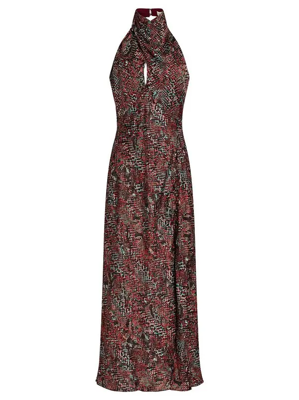 NICHOLAS Printed Satin Halterneck Midi Dress - Burgundy