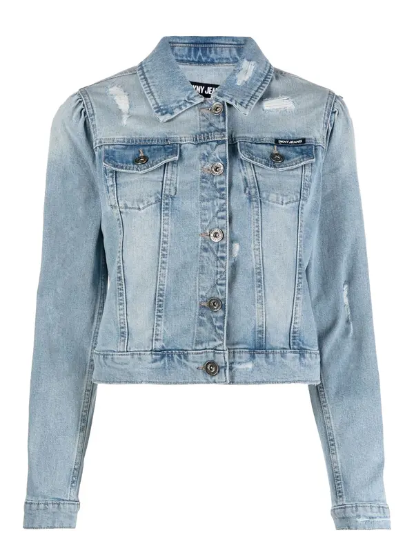 Dkny Ripped Denim Cropped Jacket - Blue