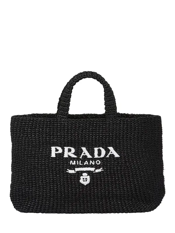 Prada Logo Striped Raffia Shoulder Bag - Nero