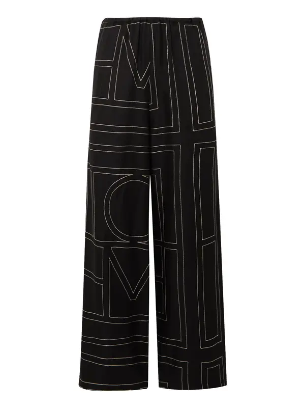 TOTEME Embroidered Silk-twill Wide-leg Pants - Black