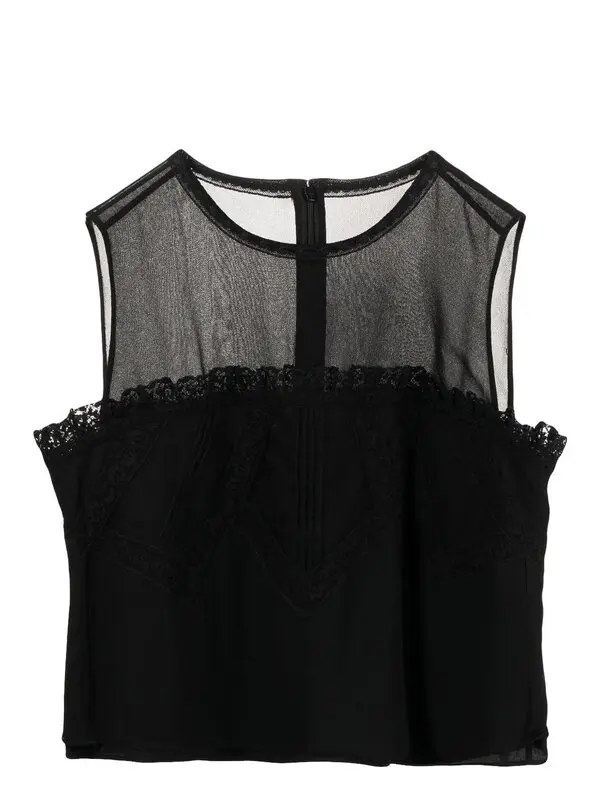 Shiatzy Chen Mulberry Silk Lace Ruffle Detail Sleeveless Blouse - Black