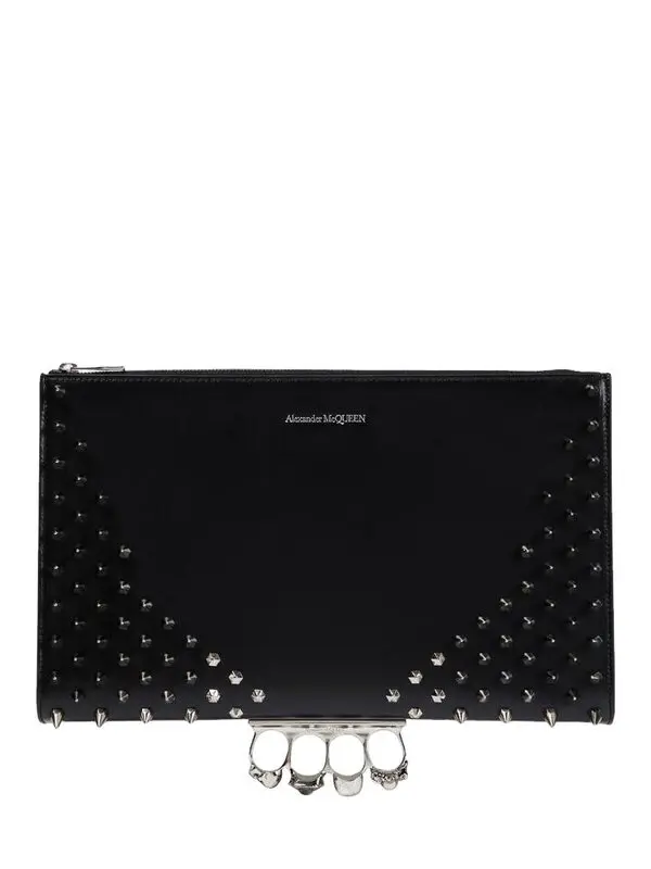 Alexander McQueen Four-ring Embellished Leather Clutch - Black