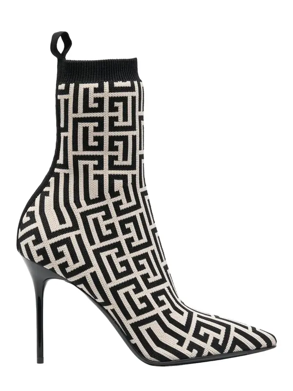 Balmain Monogram-jacquard Pointed Toe Boots - Neutrals