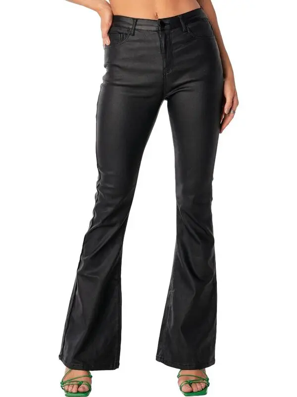 EDIKTED Luna Faux Leather Flare Leg Pants - Black