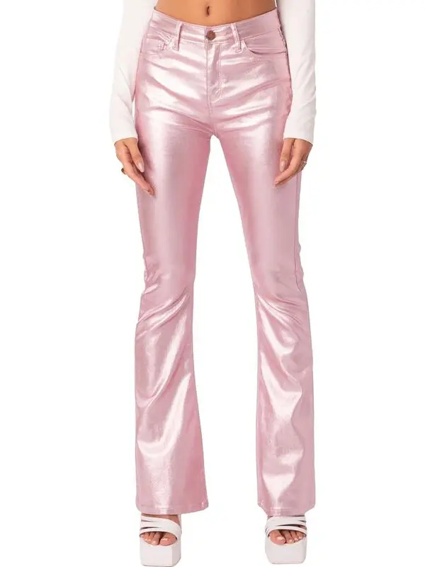 EDIKTED Luna Faux Leather Flare Leg Pants - Metallic-pink