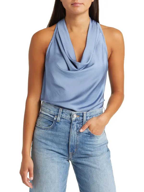 OPEN EDIT Cowl Neck Satin Tank - Blue Infinity