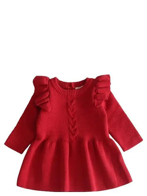 ASHMI & CO. Eva Ruffle Shoulder Knit Dress - Red