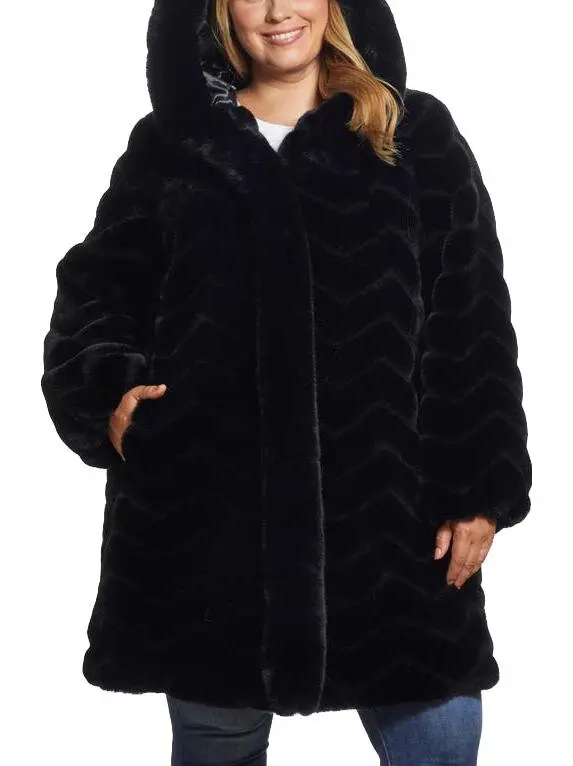 Gallery Chevron Faux Fur Hooded Jacket - Black