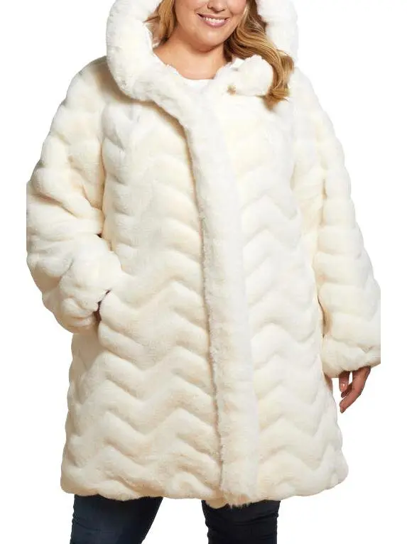 Gallery Chevron Faux Fur Hooded Jacket - Cream