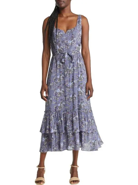 Paige Floral Print Tiered Midi Dress - Navy Mlti