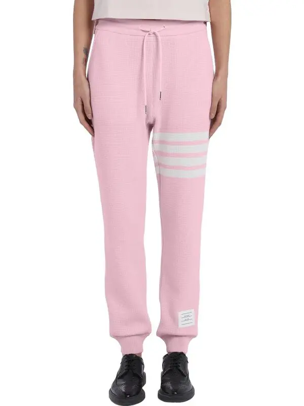 Thom Browne Waffle Knit Wool & Cashmere Joggers With Signature Stripes - Light Pink