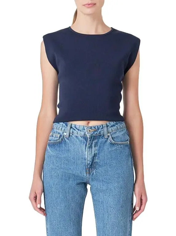 Endless Rose Cutout Padded Shoulder Crop Top - Navy