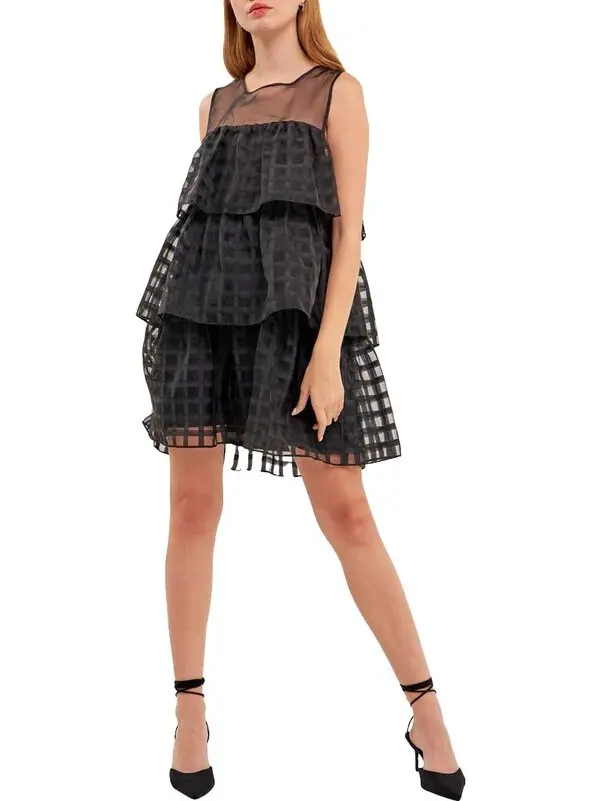 English Factory Grid Pattern Tiered Organza Minidress - Black