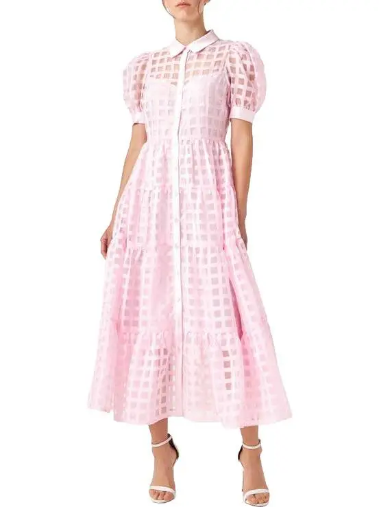 English Factory Grid Pattern Tiered Midi Shirtdress - Baby Pink