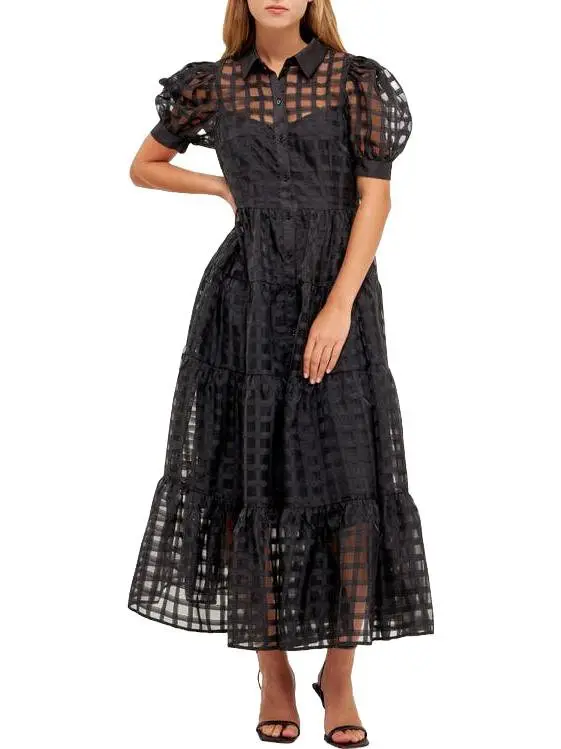 English Factory Grid Pattern Tiered Midi Shirtdress - Black