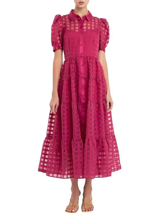 English Factory Grid Pattern Tiered Midi Shirtdress - Bordeaux