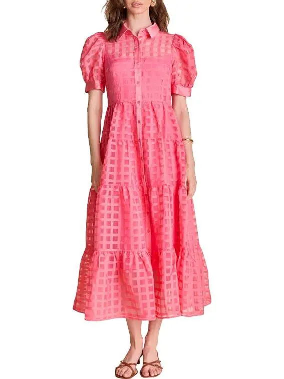 English Factory Grid Pattern Tiered Midi Shirtdress - Coral