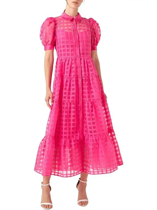 English Factory Grid Pattern Tiered Midi Shirtdress - Fuchsia