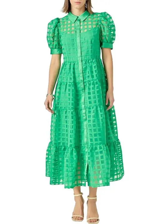 English Factory Grid Pattern Tiered Midi Shirtdress - Green