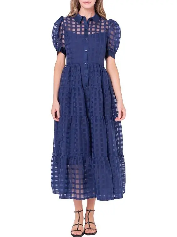 English Factory Grid Pattern Tiered Midi Shirtdress - Navy