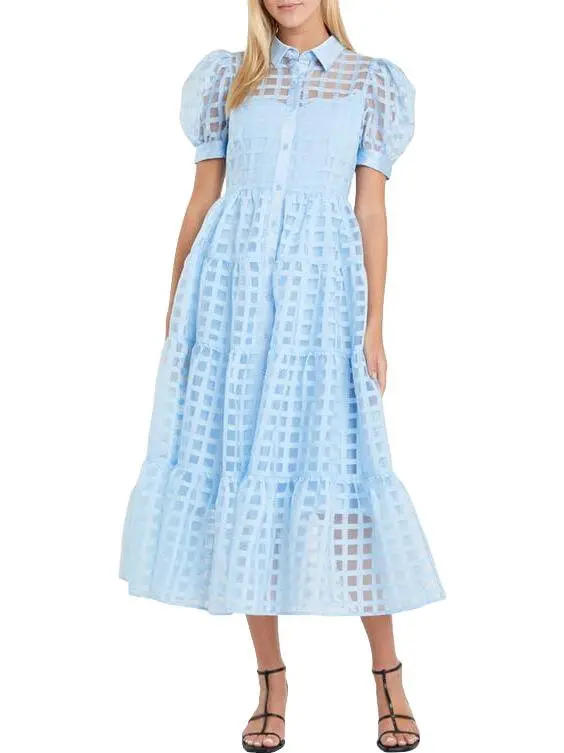 English Factory Grid Pattern Tiered Midi Shirtdress - Powder Blue