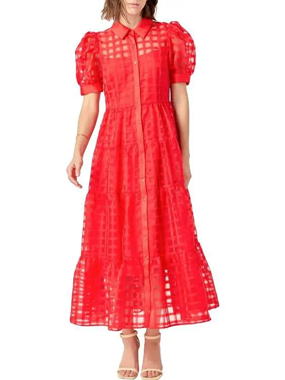 English Factory Grid Pattern Tiered Midi Shirtdress - Red
