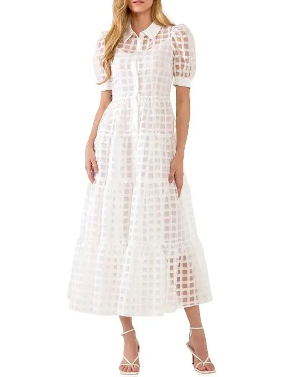 English Factory Grid Pattern Tiered Midi Shirtdress - White