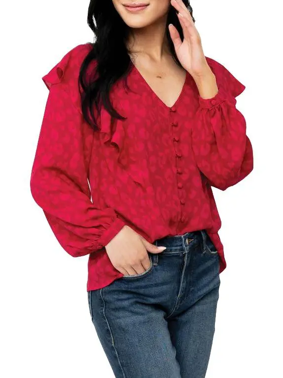 GIBSONLOOK Animal Spot Ruffled Blouse - Berry Cheetah