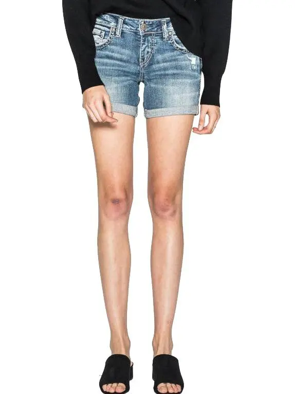 SILVER JEANS CO. Distressed Boyfriend Denim Cutoff Shorts - Indigo