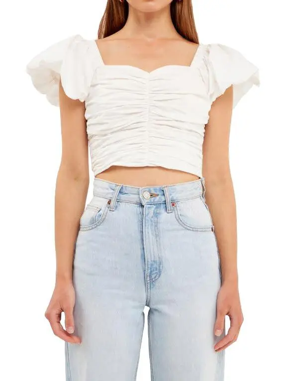 Endless Rose Shirred Puff Sleeve Crop Top - White