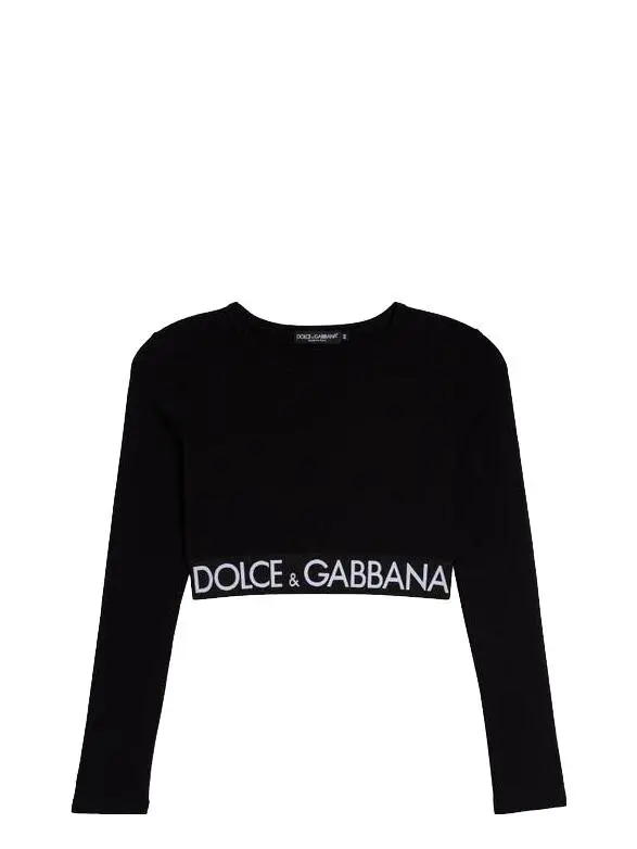Dolce & Gabbana Logo Waistband Long Sleeve Stretch Cotton Crop Top - N0000 Nero