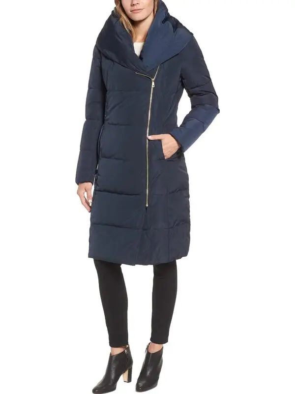 Cole Haan Down And Feather A-line Coat - Navy