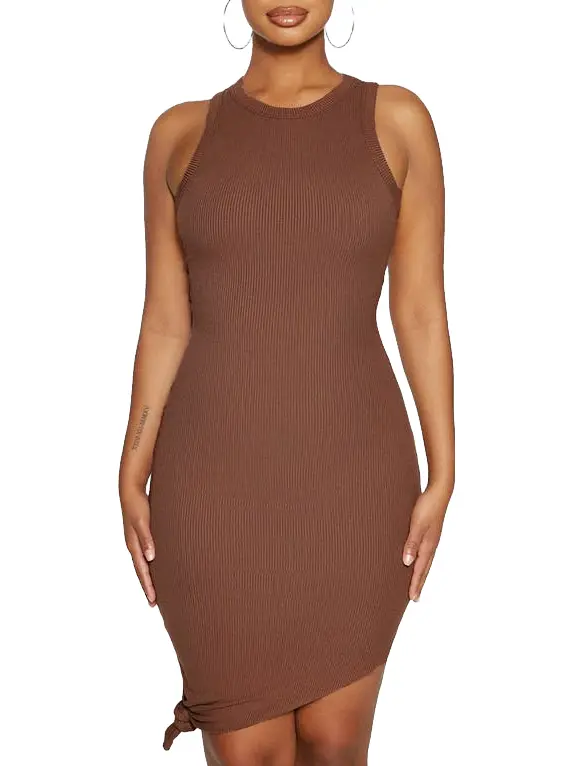 Naked Wardrobe Side Tie Asymmetric Hem Tank Dress - Chocolate