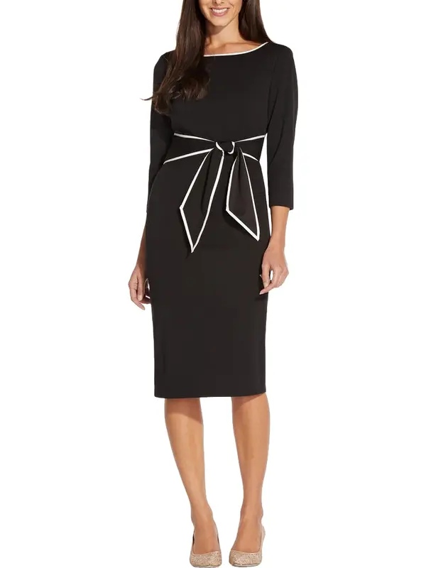 Adrianna Papell Tipped Three-quarter Sleeve Crepe Dress - Black/ivory