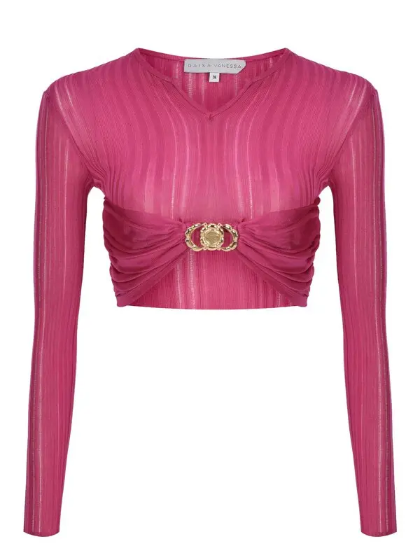 Raisa Vanessa Knit Cropped Top With Gold Buckle - Pink