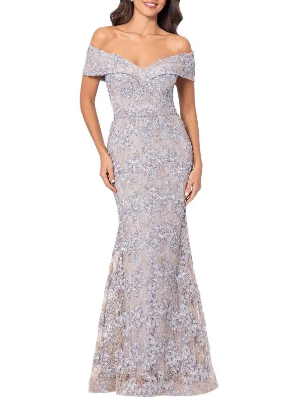 XSCAPE EVENINGS Off-the-shoulder Embroidered Gown - Gold/ Silver