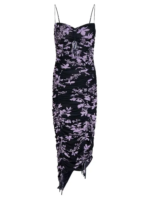 NICHOLAS Floral-print Ruched Midi Dress - Black