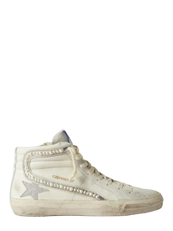 GOLDEN GOOSE Slide Embellished Distressed Glittered Leather And Suede High-top Sneakers - White