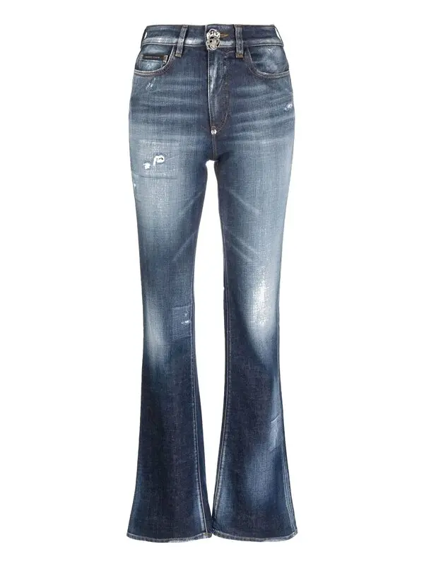 Philipp Plein Distressed Denim Flare Jeans - Blue