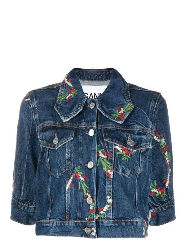 GANNI Floral-embroidered Cropped Denim Jacket - Blue