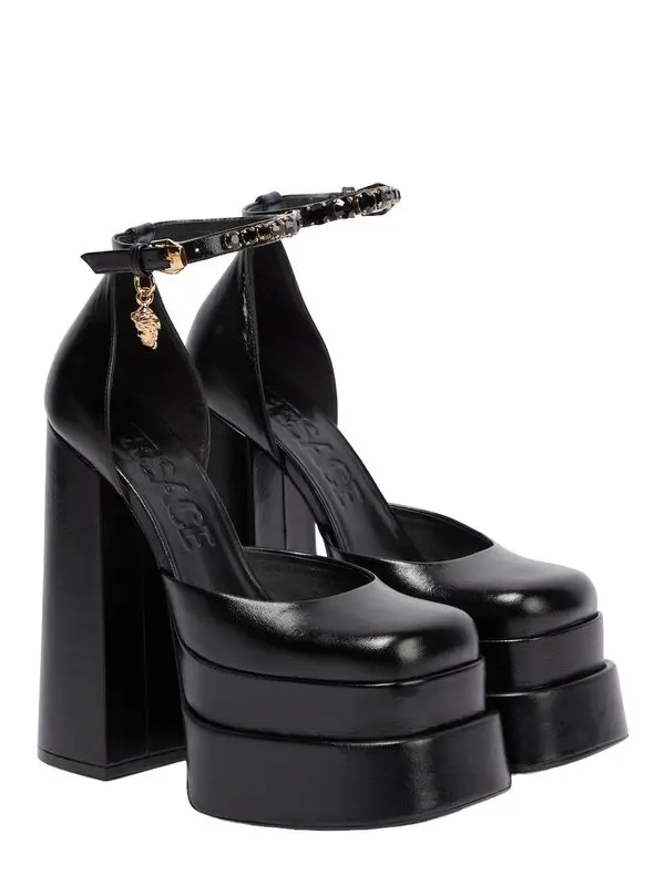 Versace Medusa Aevitas Leather Platform Pumps With Crystal Embellished Ankle Strap - Black